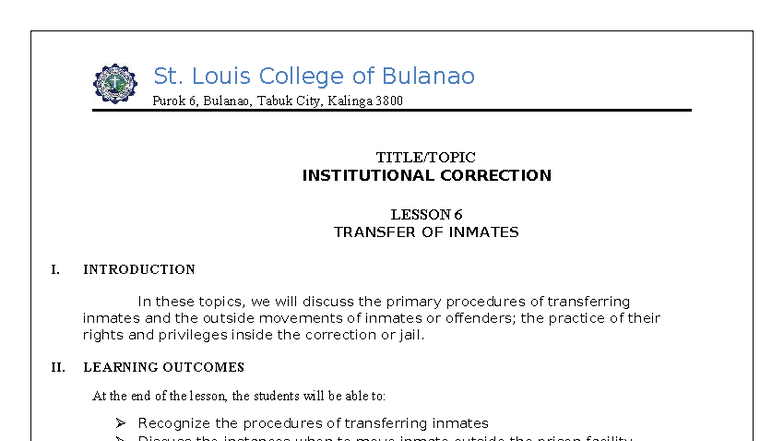 COAD 11 - Lesson 6: Institutional Correction & Inmate Transfer ...