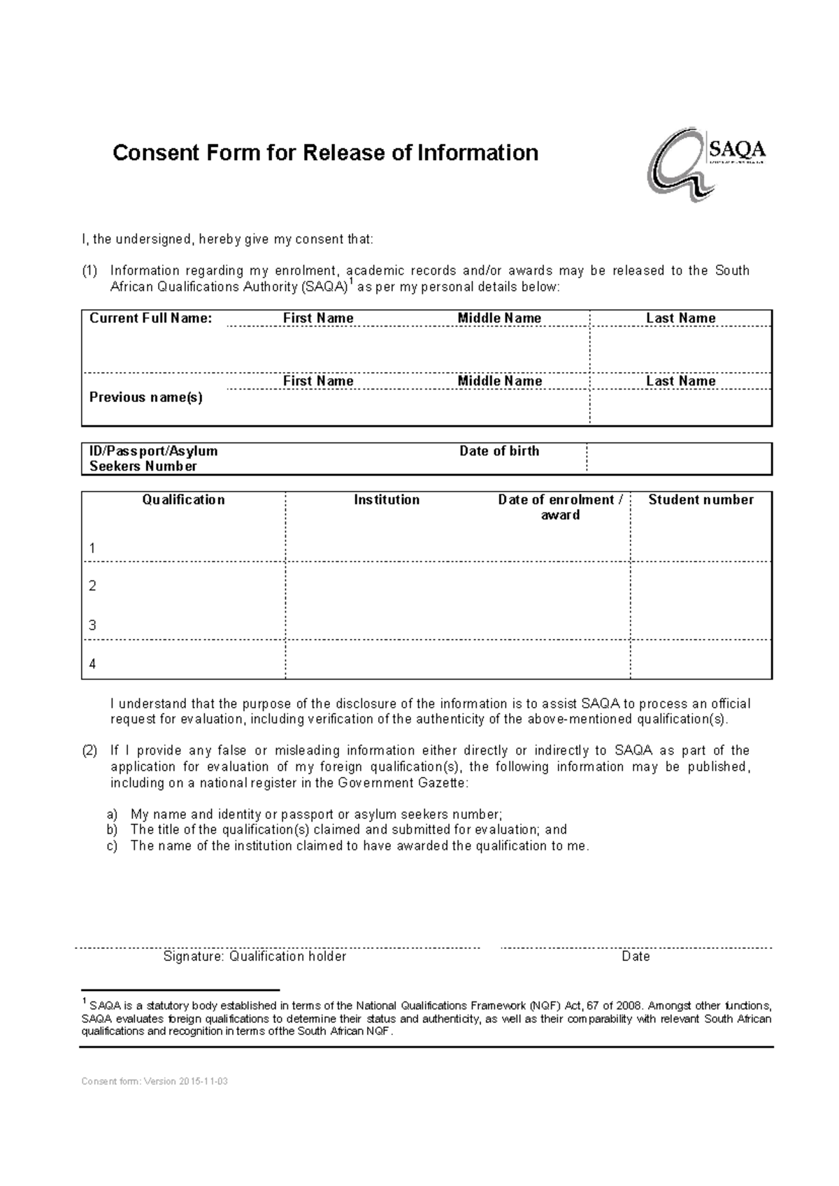 SAQA Consent Form for Release of Personal Information - Studocu