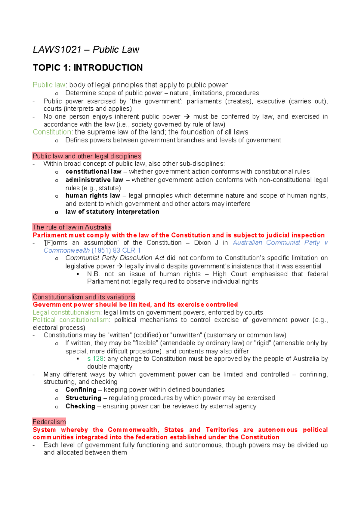 LAWS1021 Public Law Lecture Notes: Introduction to Constitutional ...