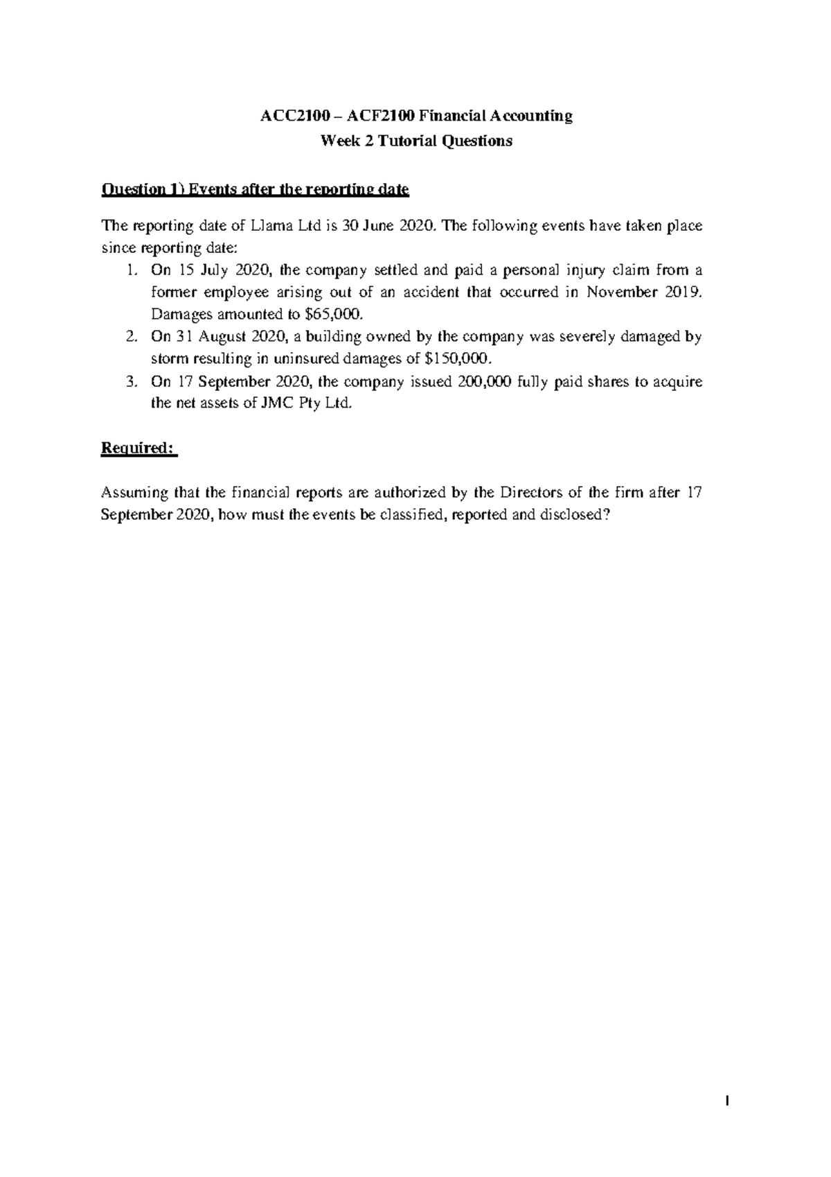 Week 2 - Questions - 1 ACC2100 – ACF2100 Financial Accounting Week 2 ...