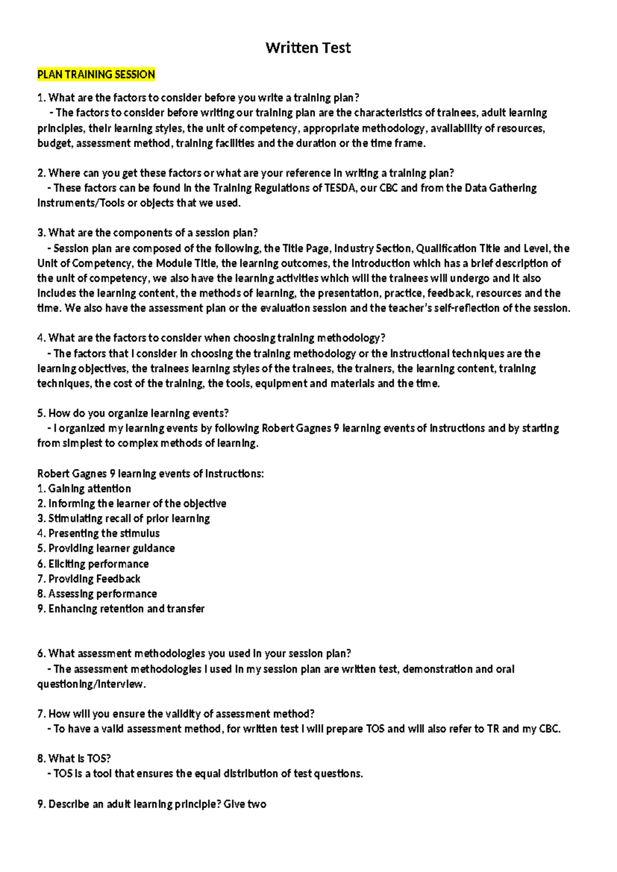 TM 1 Written Test: Training Plans and Facilitating Learning Sessions ...