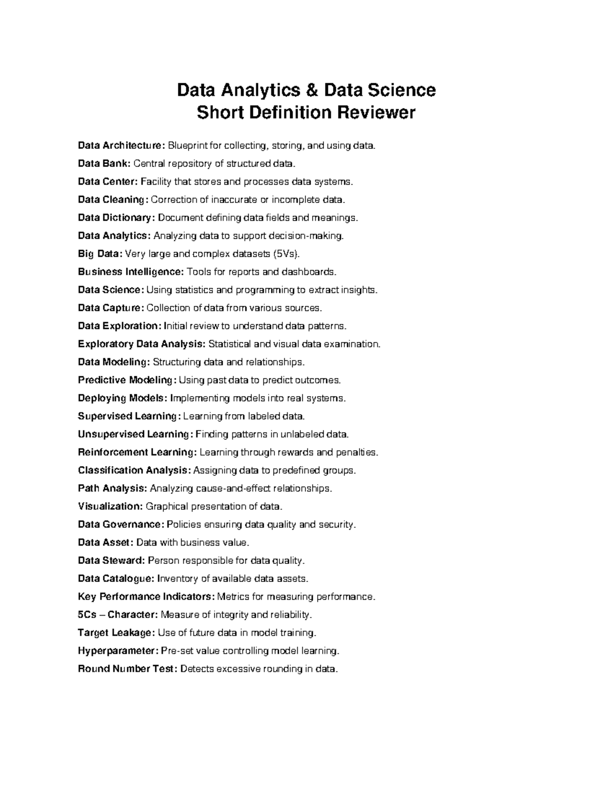 Data Analytics (DA) Short Definition Reviewer 2 - Studocu