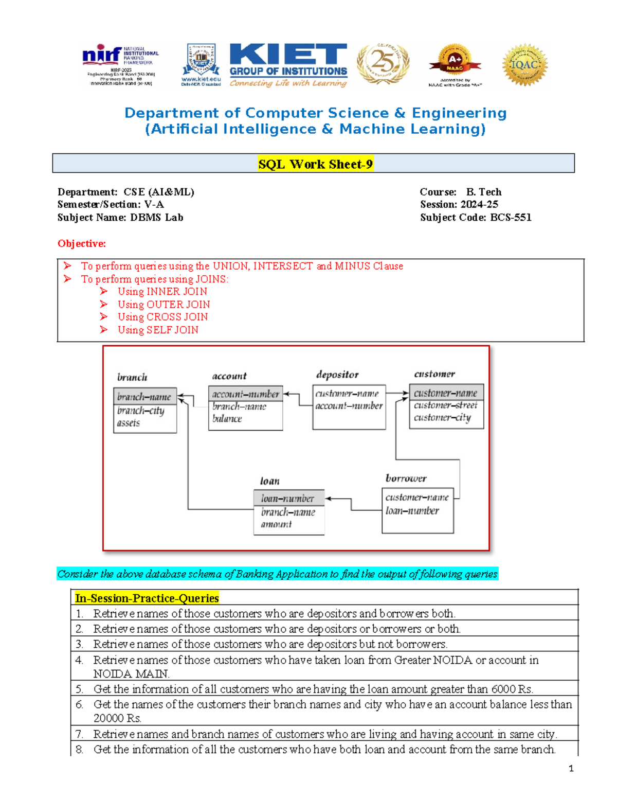 SQL Work Sheet-9 - lab - Department of Computer Science & Engineering ...