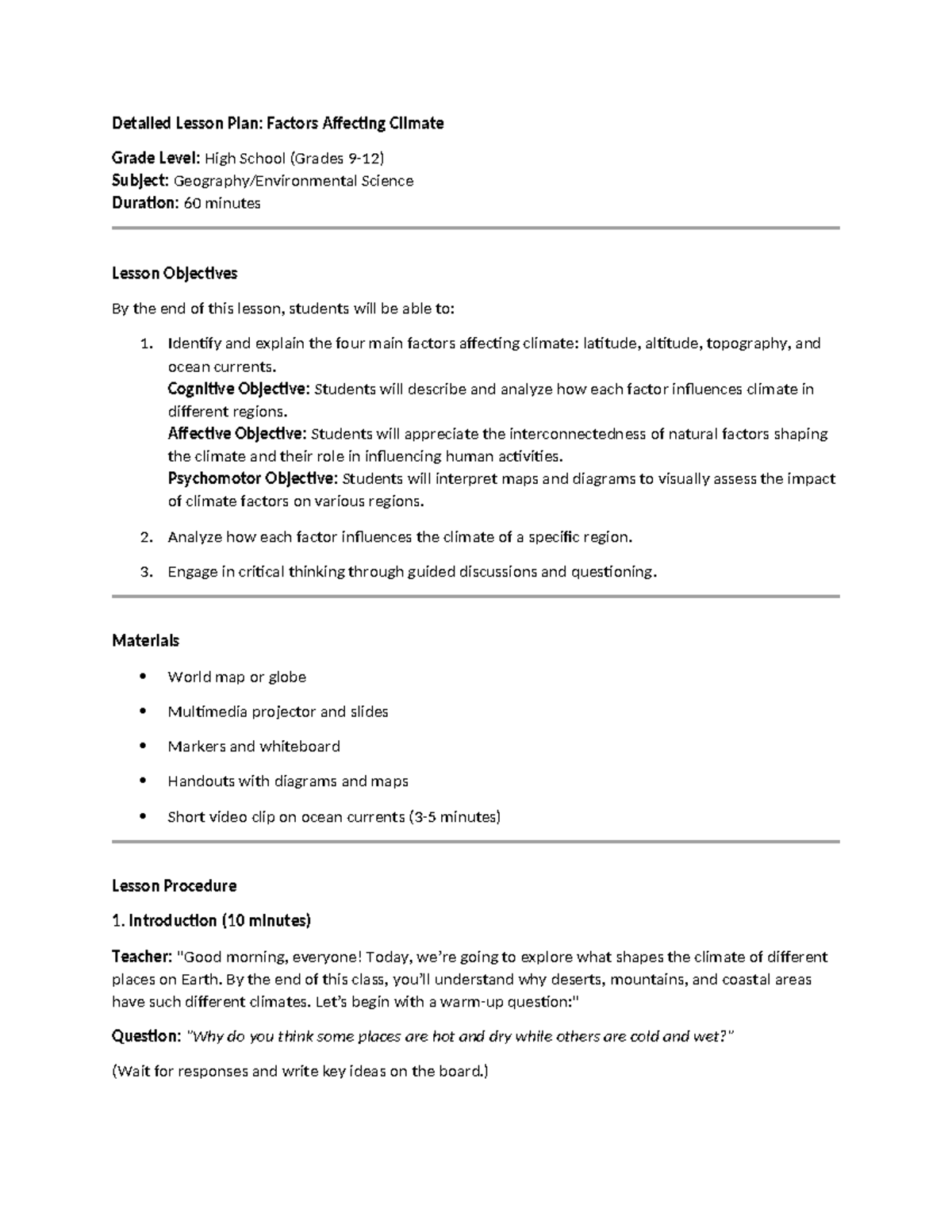 High School Science Lesson Plan: Factors Affecting Climate - Studocu
