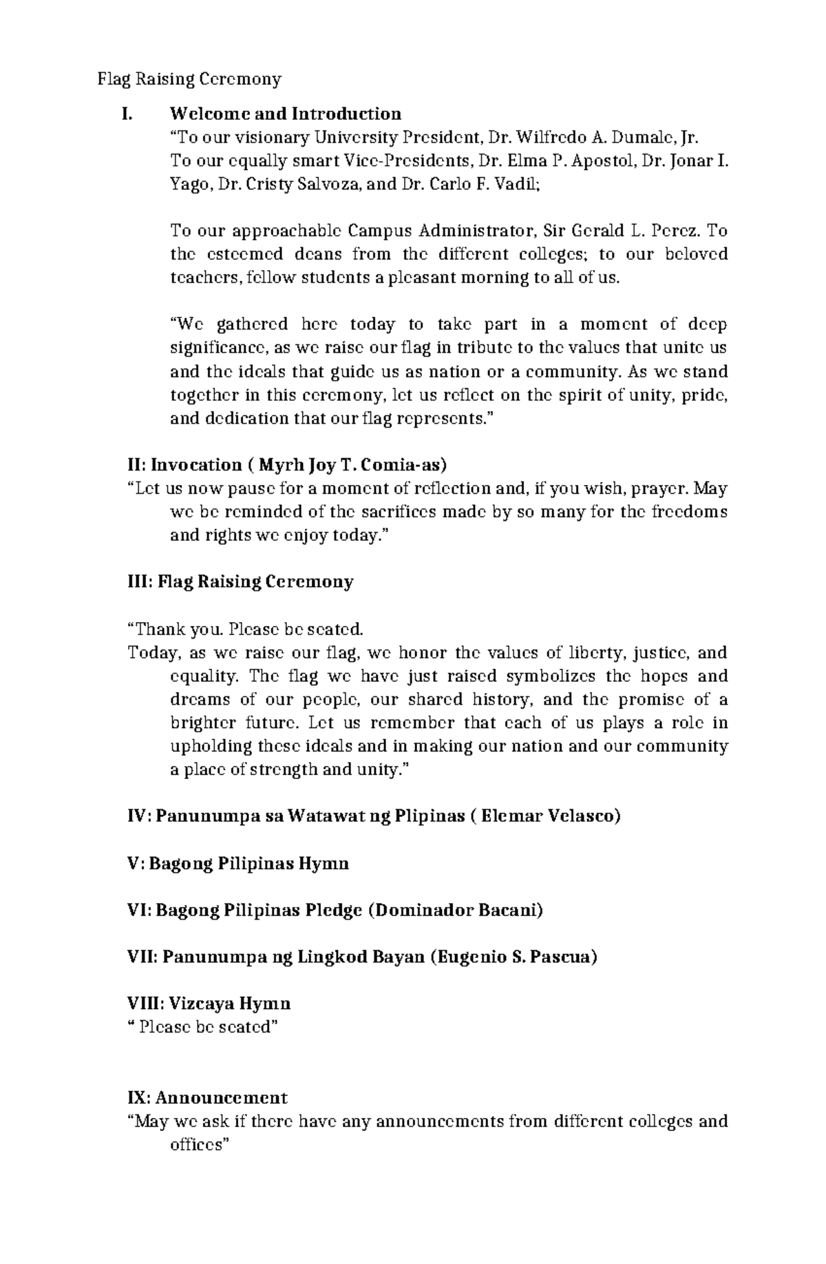 Flag Raising Ceremony - Done - Flag Raising Ceremony I. Welcome and ...