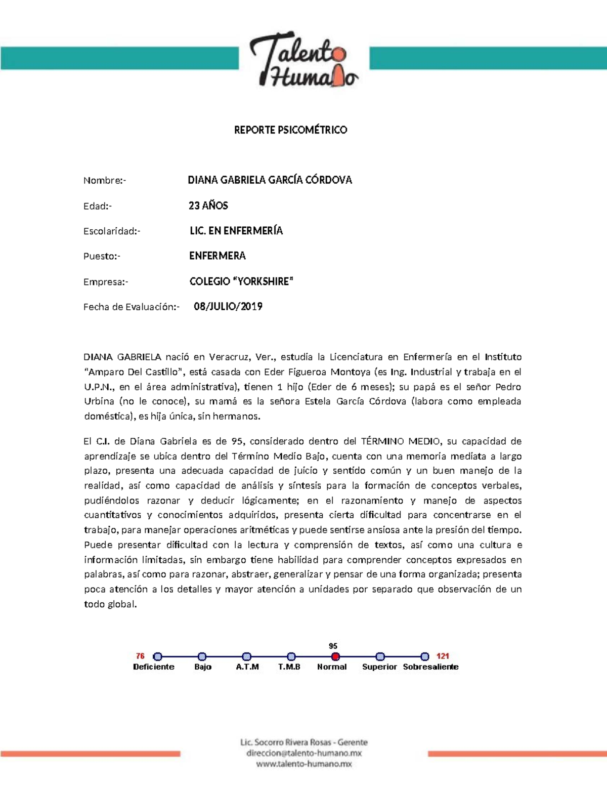 Reporte Psicométrico de Diana Gabriela García Córdova 2019 - Studocu