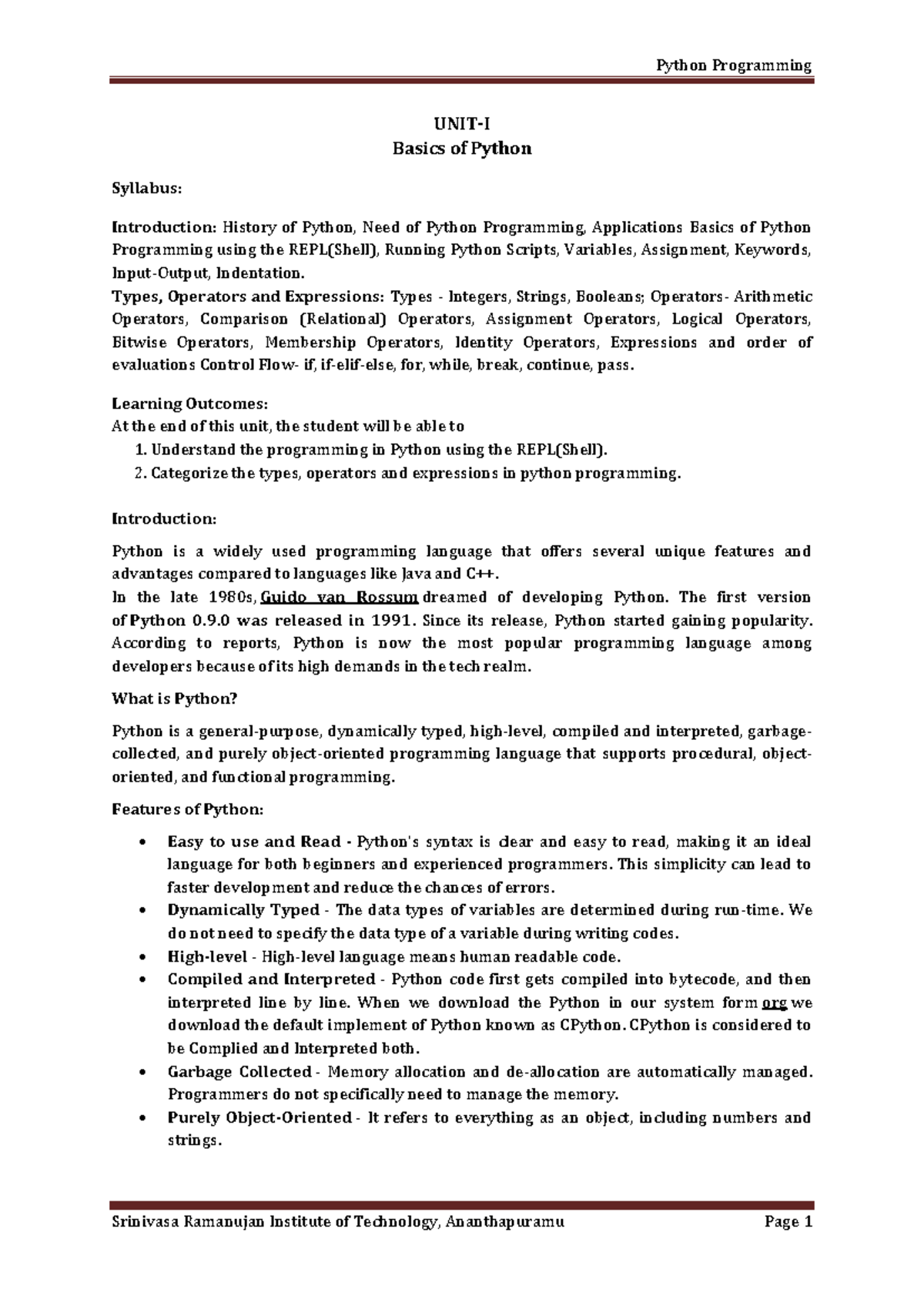 Unit-I Basics of Python - UNIT-I Basics of Python Syllabus ...