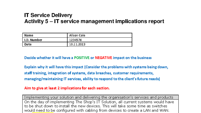 Template for Activity 5 IT Service Management Implications - Activity 5 ...