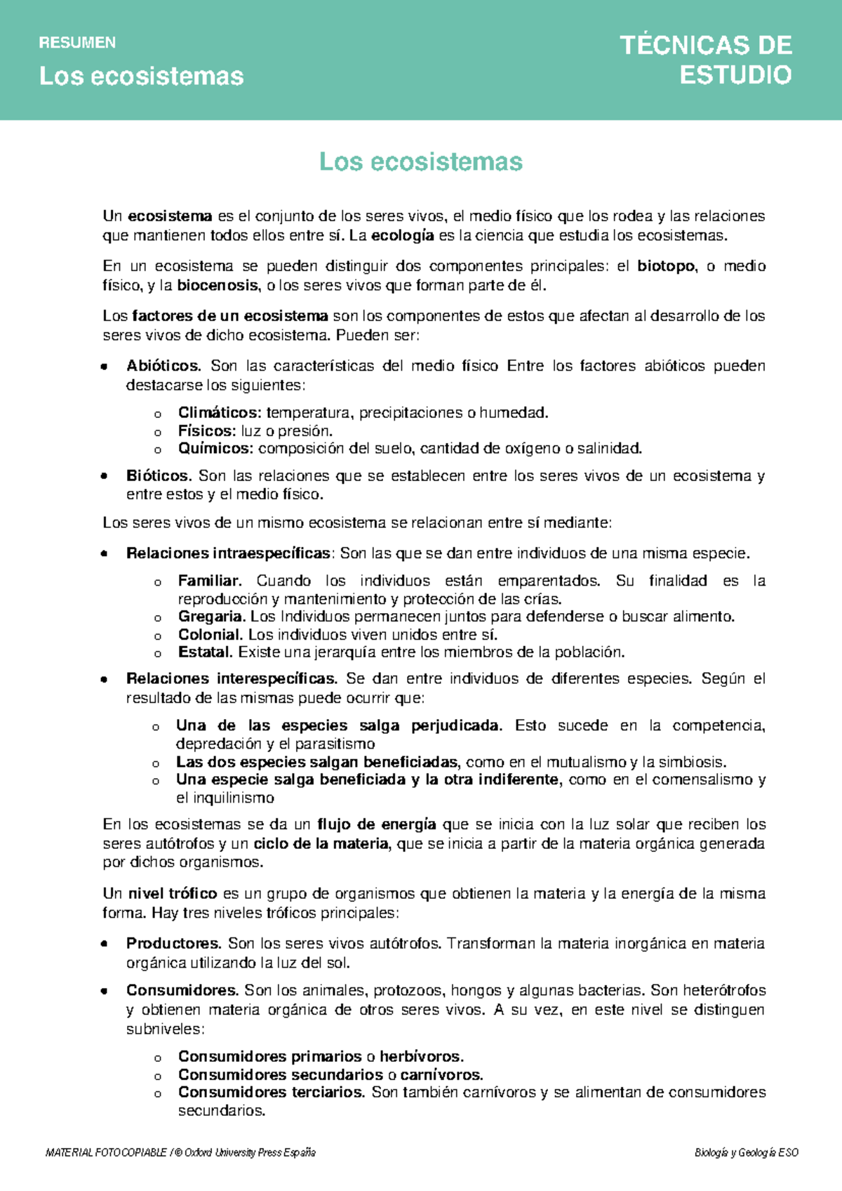 Biología 1º ESO GENIOX: Tema sobre Ecosistemas y sus Componentes - Studocu