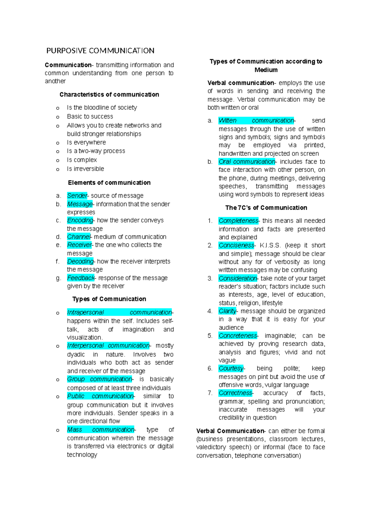 Purcom EXAM 1 Reviewer - PURPOSIVE COMMUNICATION Communication- transmitting information and ...