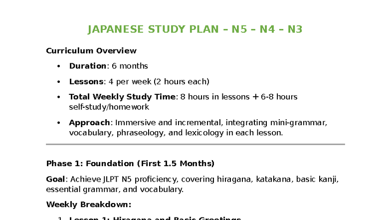 Japanese Study Plan: N5-N4-N3 Curriculum Overview and Lessons - Studocu