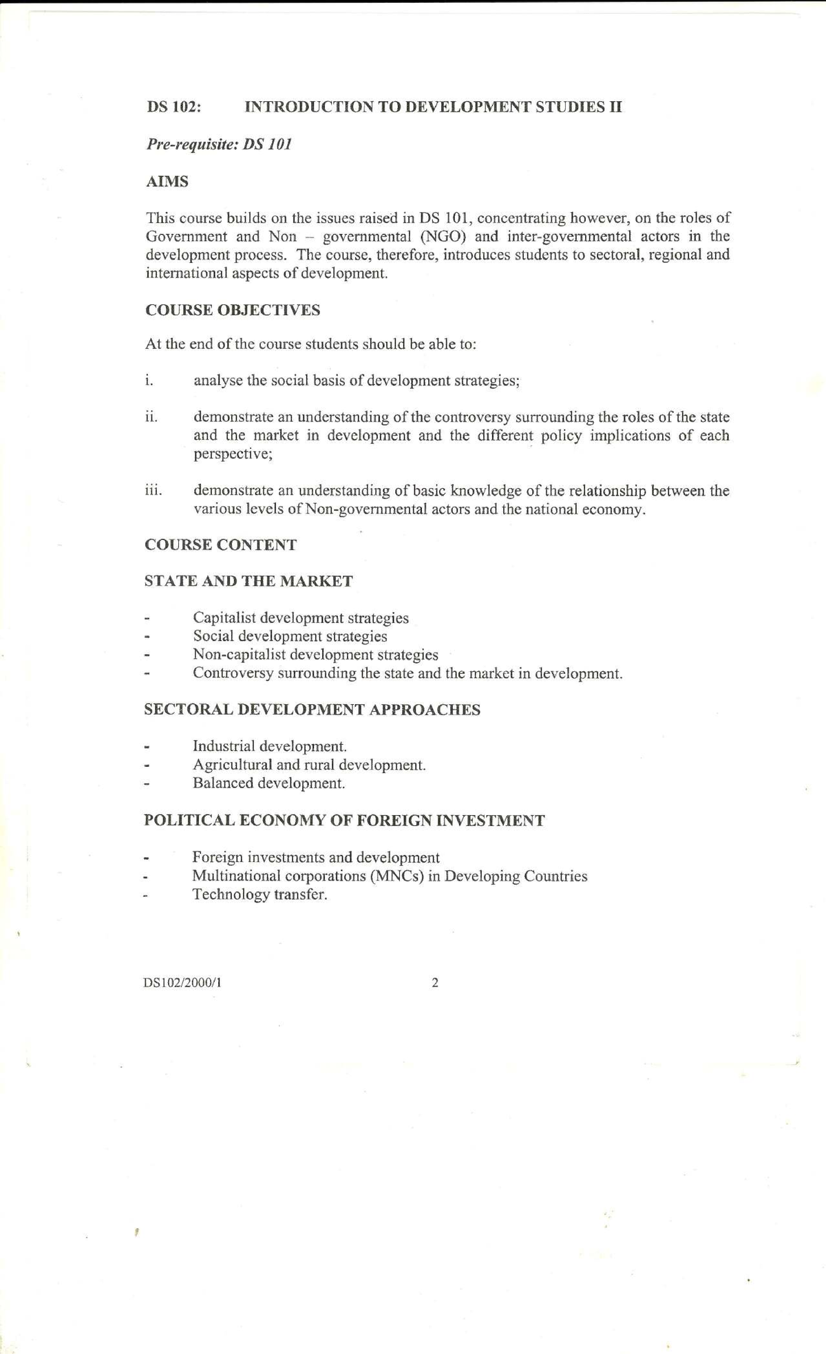 DEV 102: Introduction to Development Studies II - Course Overview and ...