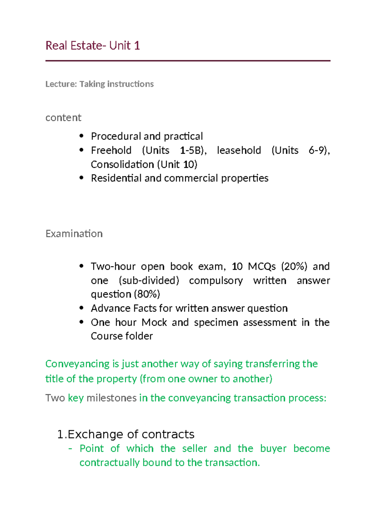 Real Estate- Unit 1 - lecture 1 notes - Real Estate- Unit 1 Lecture ...