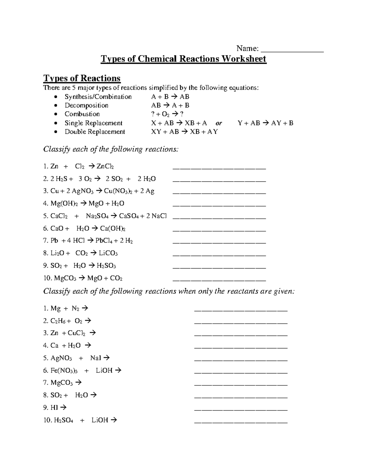 Types of Chemical Reactions Worksheet SNC2D - Balancing and ...