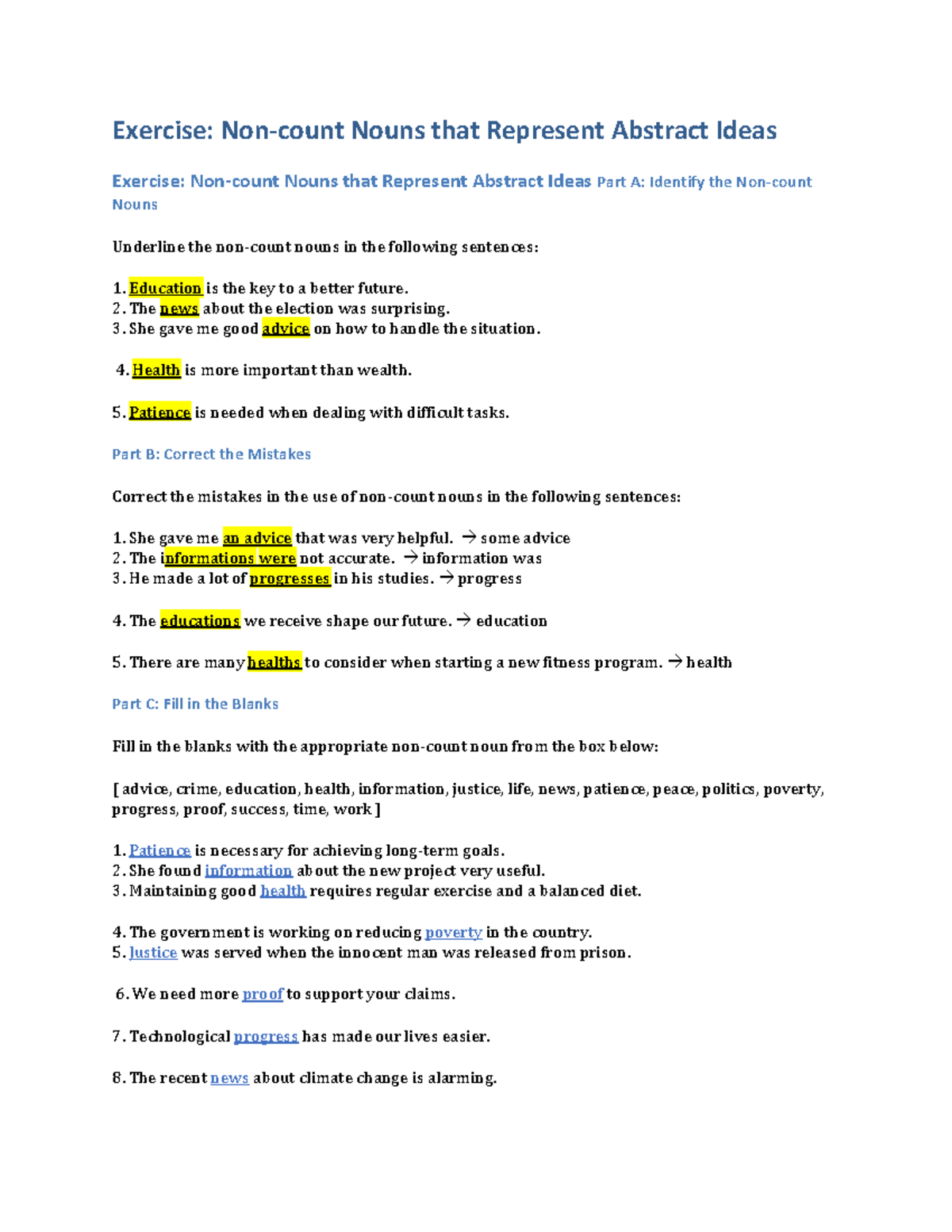 Exercise: Nouns and Verbs in Abstract Ideas - Session 19 B2.5 (1) - Studocu