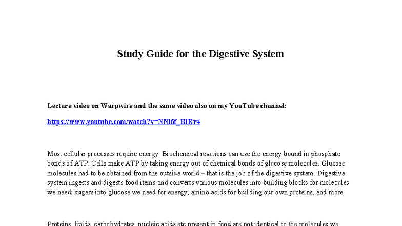 Digestive System - Study Guide for Exam 3 (BIO 101) - Studocu