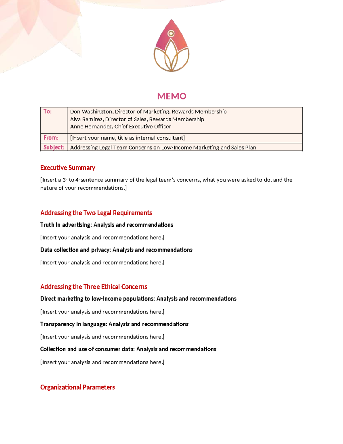 MBA 500 Project Three: Response Memo on Legal & Ethical Concerns - Studocu