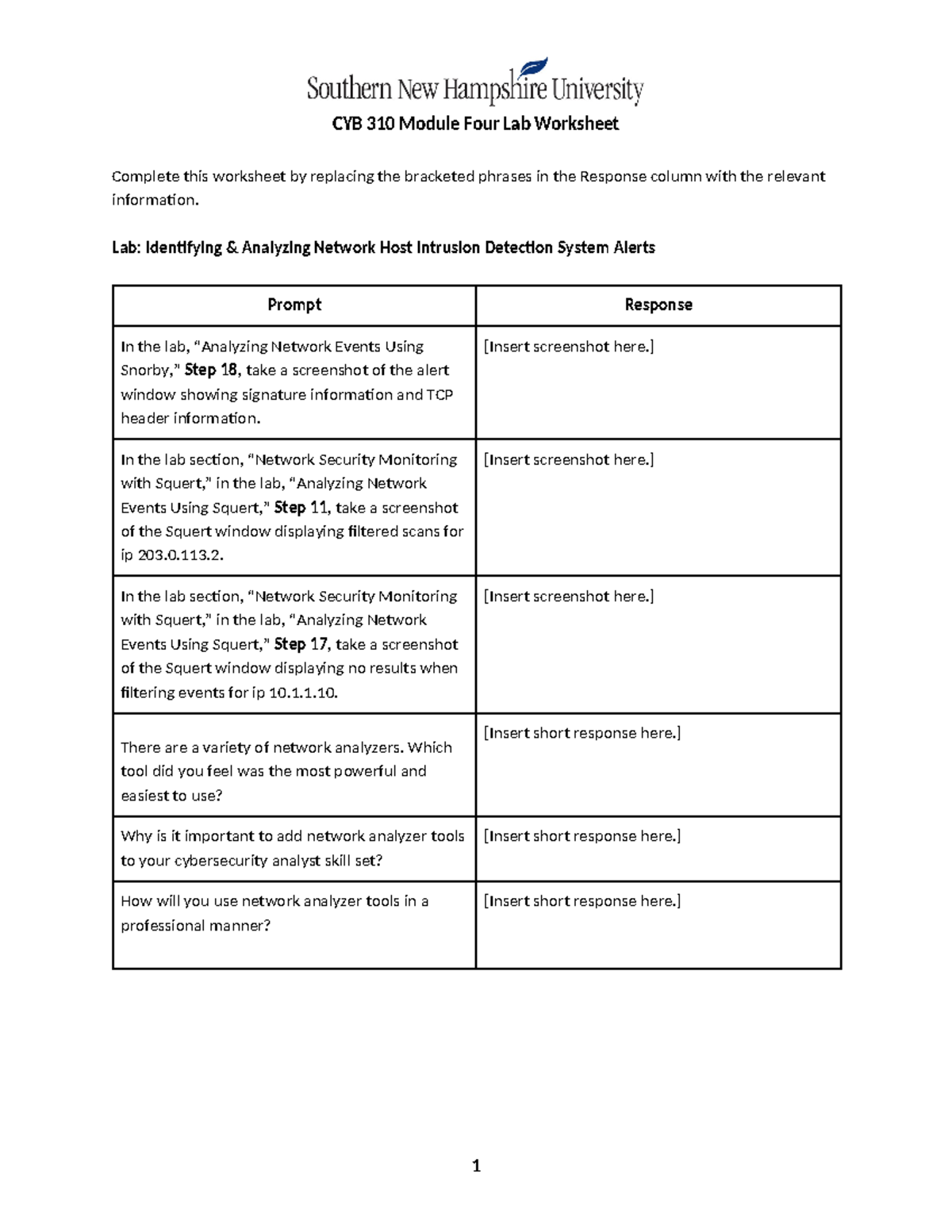 CYB 310 Module 4: Lab Worksheet on Network Intrusion Detection - Studocu