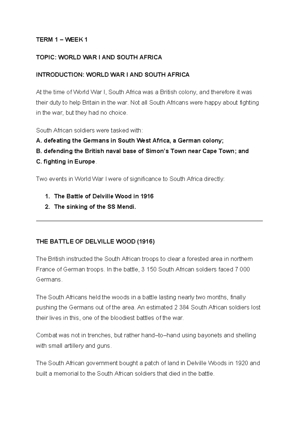 TERM 1 GRADE 9 HISTORY: WWI & SOUTH AFRICA OVERVIEW - Studocu