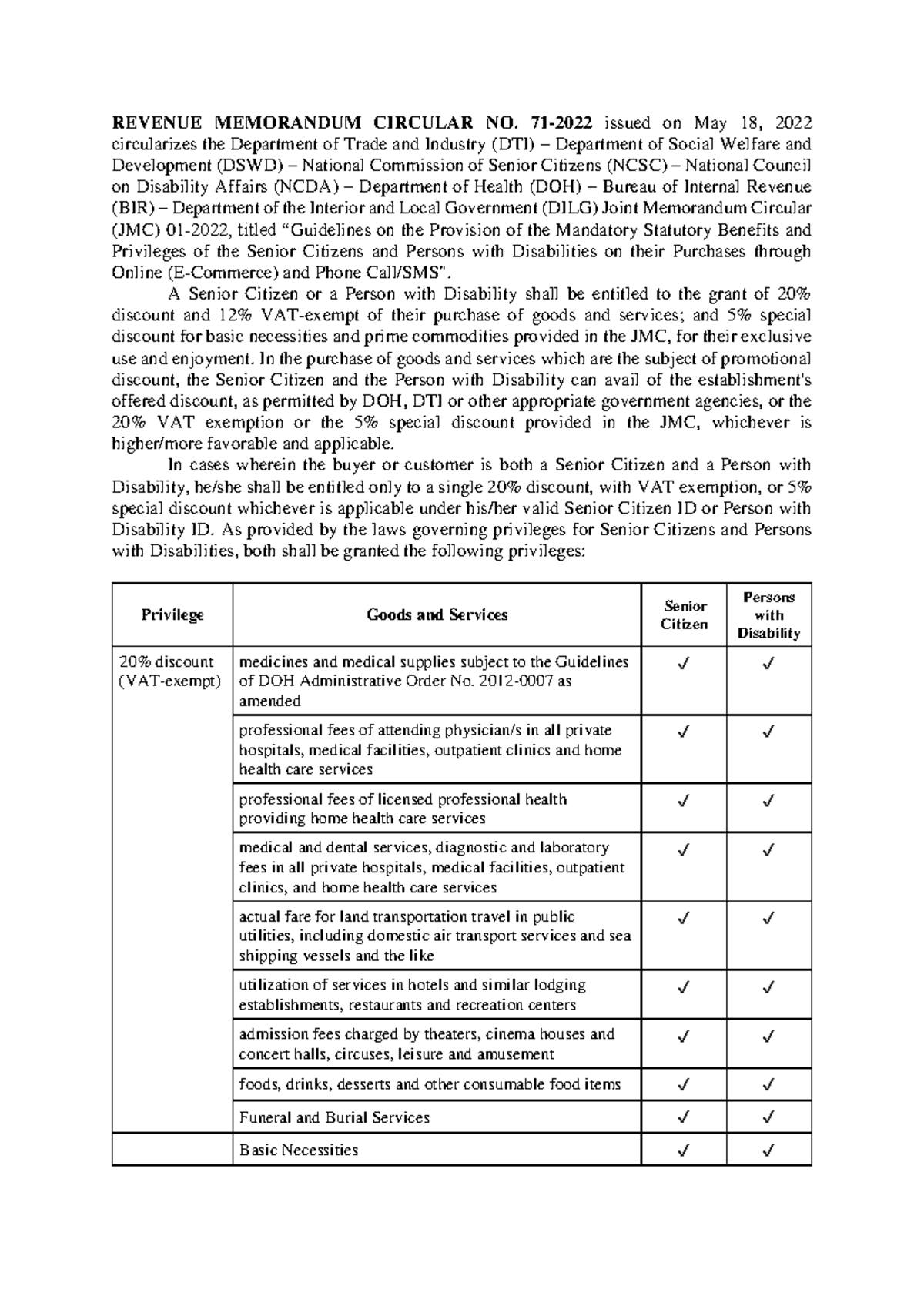 RMC No. 71-2022: Senior Citizens & PWD Benefits Guidelines - Studocu