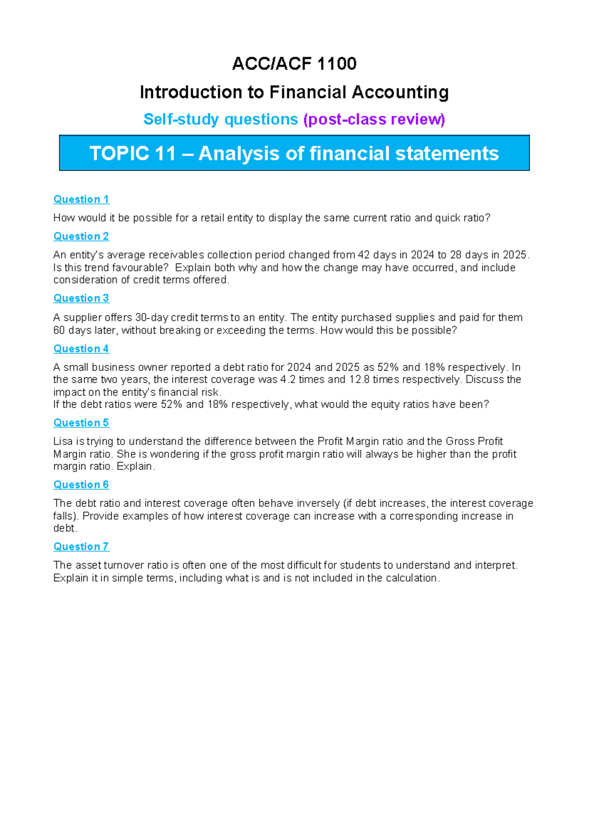 1100 Financial Accounting Week 11 Self Study Review Questions - Studocu