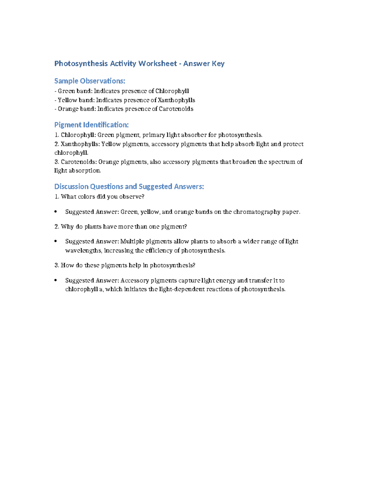 Photosynthesis Activity Worksheet Answer Key: Pigment Observations ...