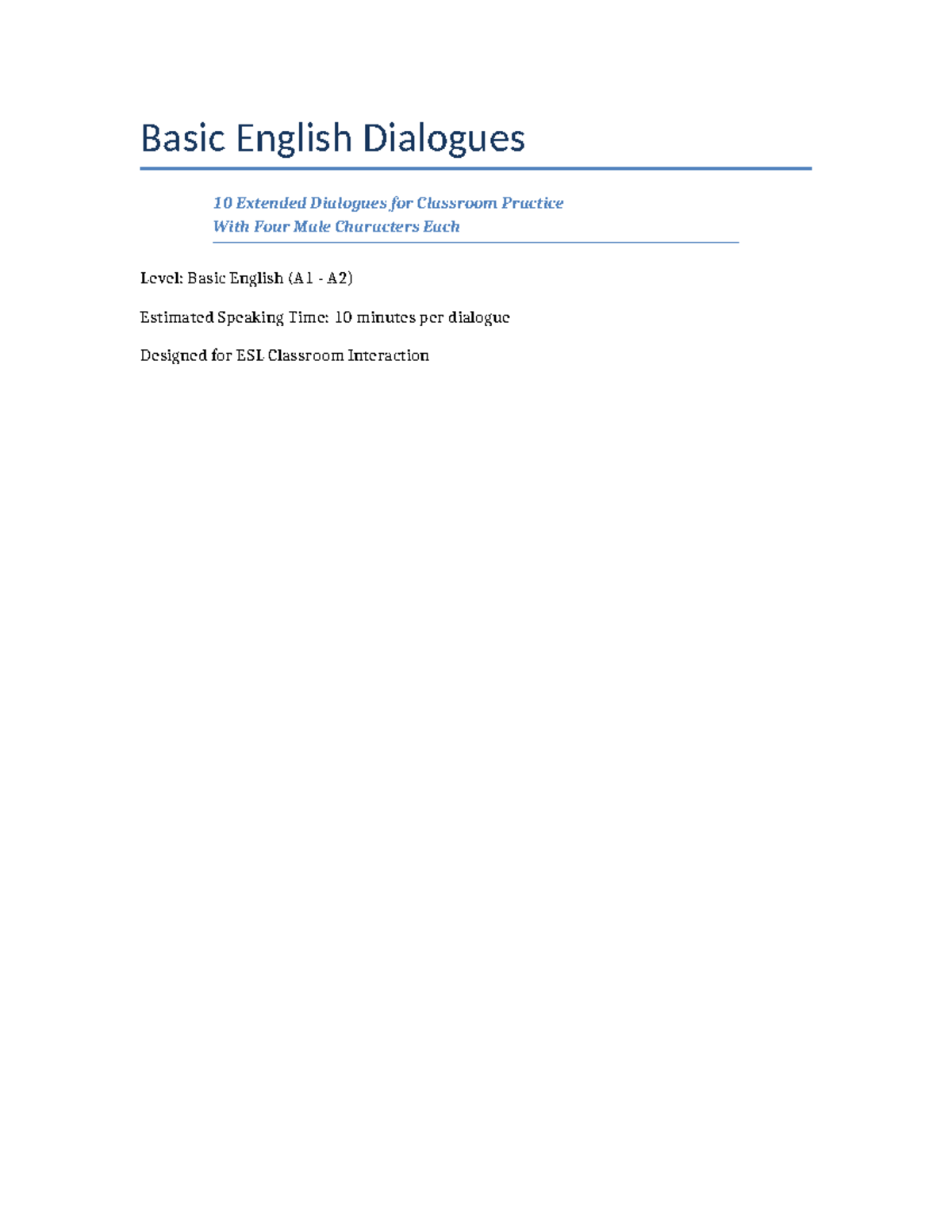 Basic English Dialogues: 10 Extended Classroom Interactions (A1 A2 ...