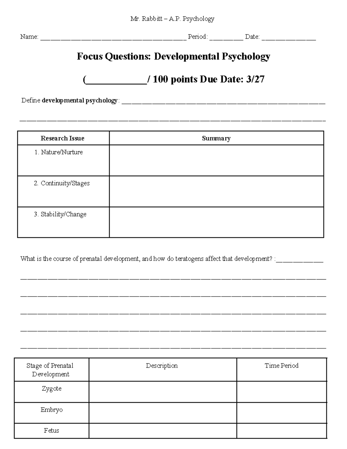 A.P. Psychology Reading Packet: Developmental Psychology Insights - Studocu