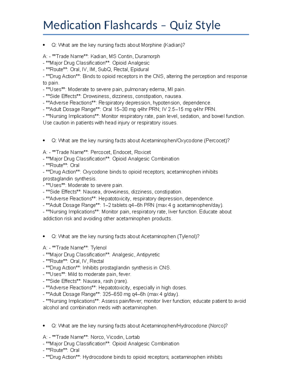 Medication Quiz Flashcards: Key Facts & Nursing Implications - Studocu