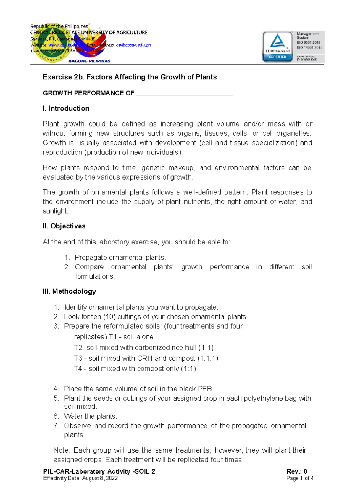 Laboratory Activity 2b: Factors Affecting Plant Growth (SOIL-2) - Studocu