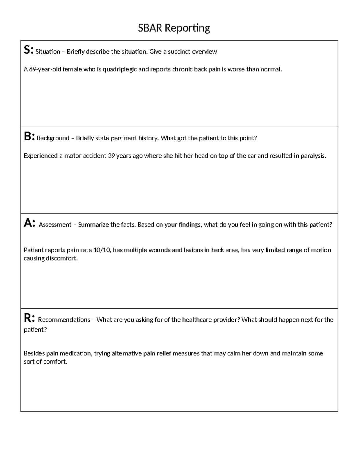 SBAR Report: Comprehensive Assessment of Patient Pain Management - Studocu
