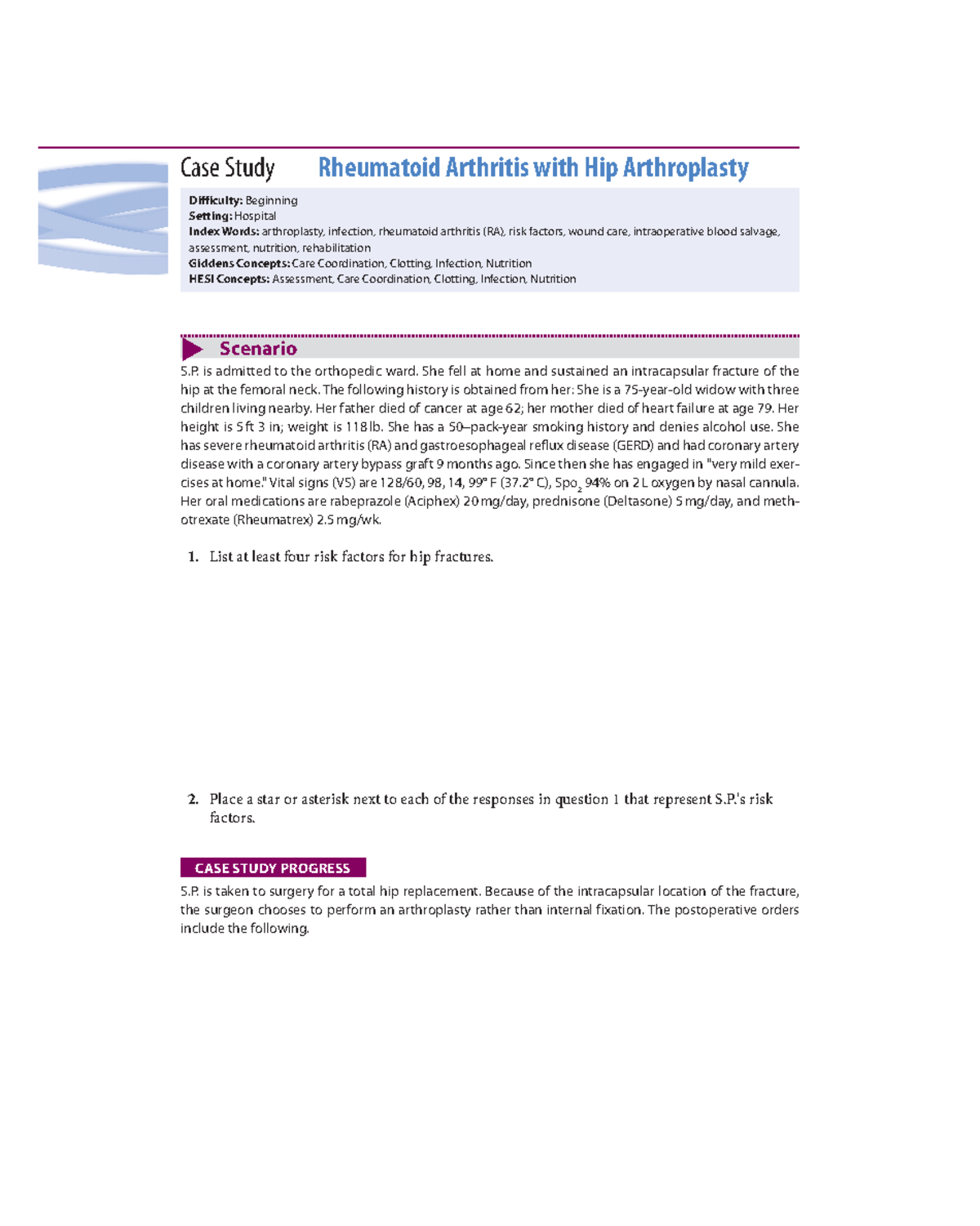 Rheumatoid Arthritis & Hip Arthroplasty Case Study: Risk Factors & Care - Studocu