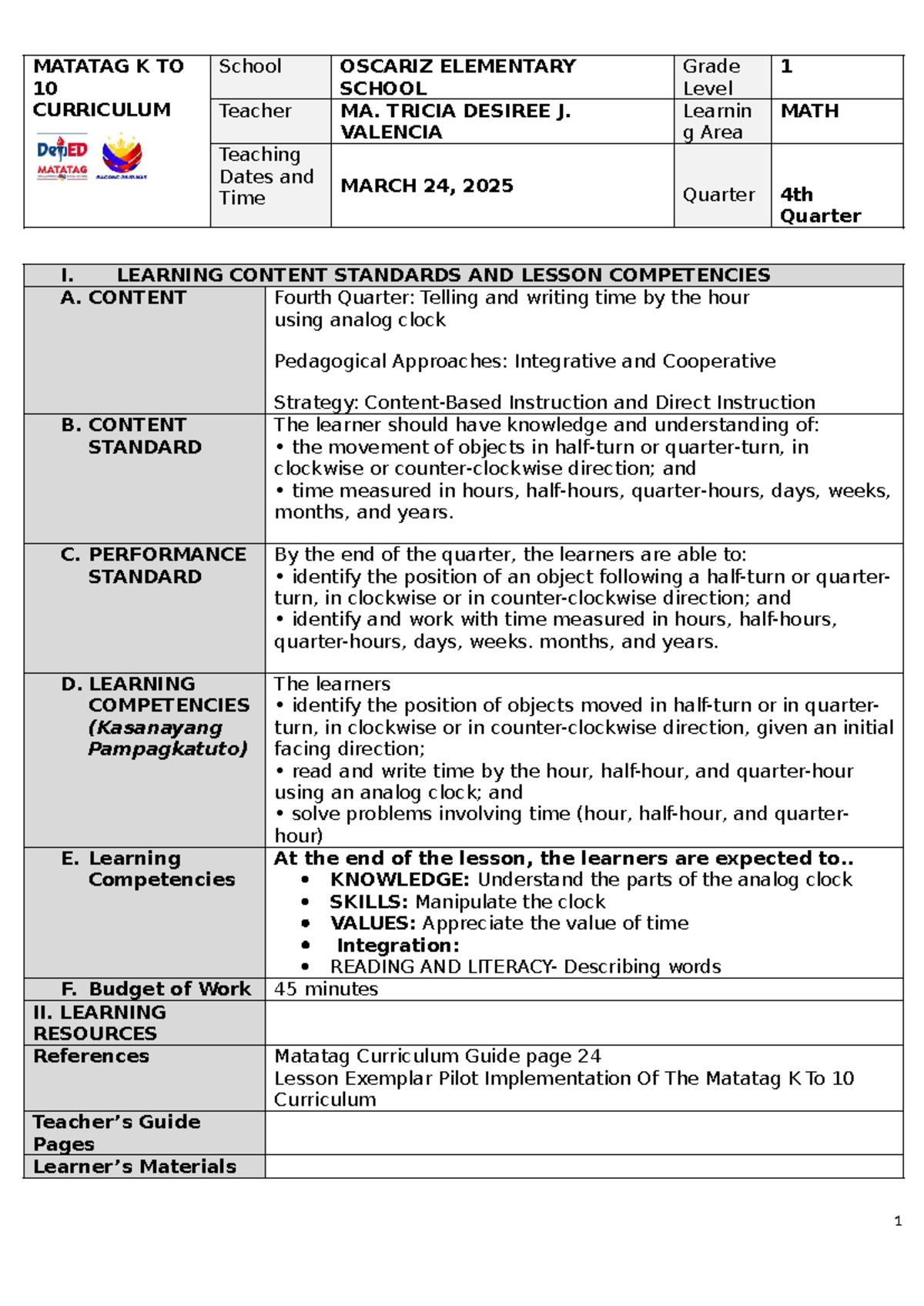 MATATAG K to 10 CURRICULUM: Grade 1 Math Lesson on Time - Studocu