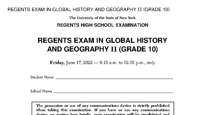REGENTS EXAM IN GLOBAL HISTORY AND GEOGRAPHY II (GRADE 10) - June 2022 ...
