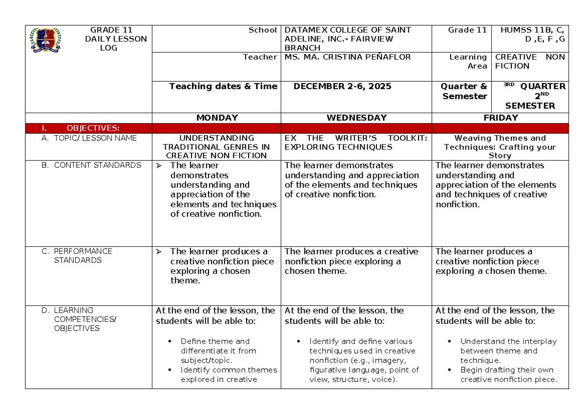 WEEK-1- Themes AND Techniques IN A TEXT-CNF-DLL-2024 - GRADE 11 DAILY ...