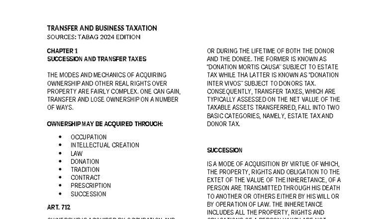 TRANSFER AND BUSINESS TAXATION SOURCES: TABAG 2024 EDITION - CHAPTER 1 - Studocu