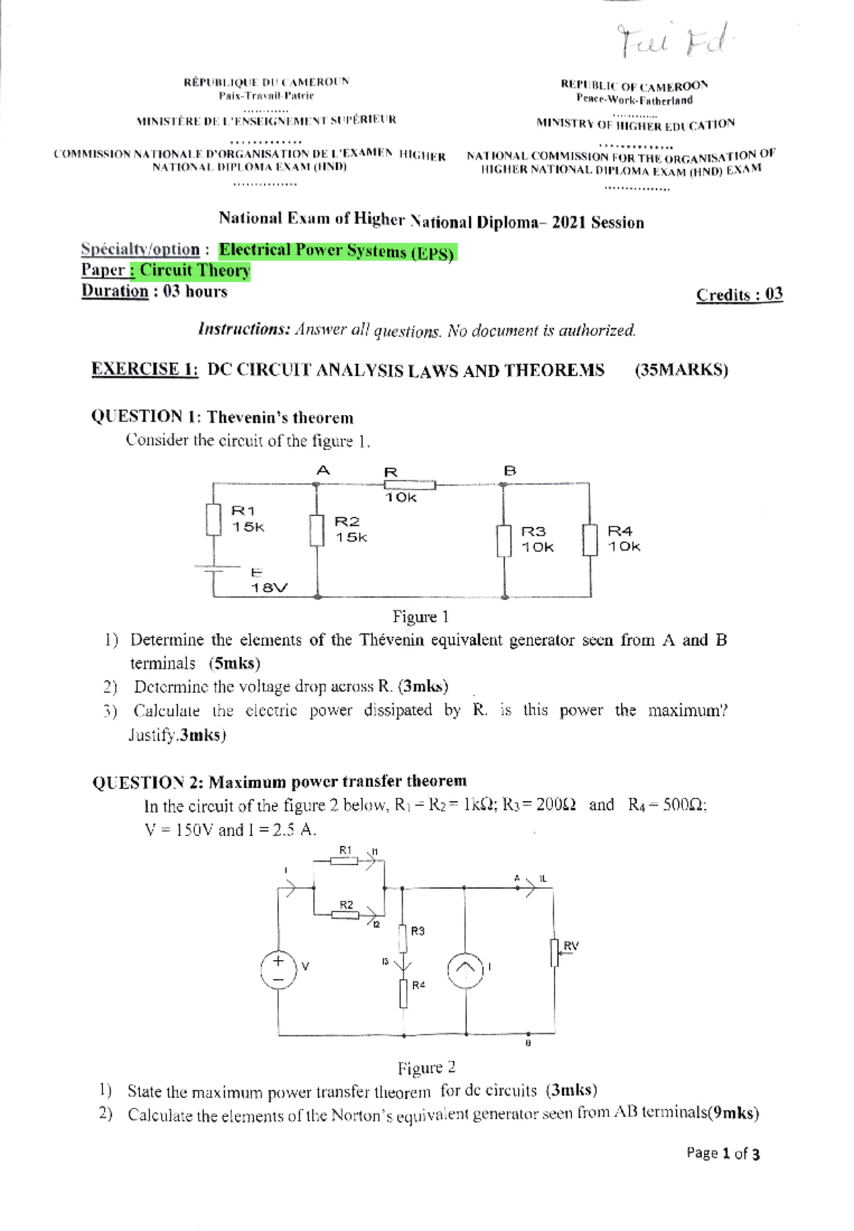 HND 2021 Final Exam Paper: Electrical Power Systems - Circuit Theory - Studocu