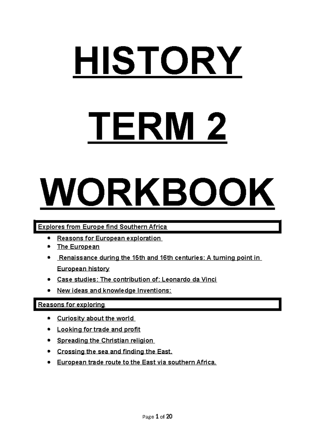 TERM 2 History Workbook: European Exploration & Renaissance Insights ...