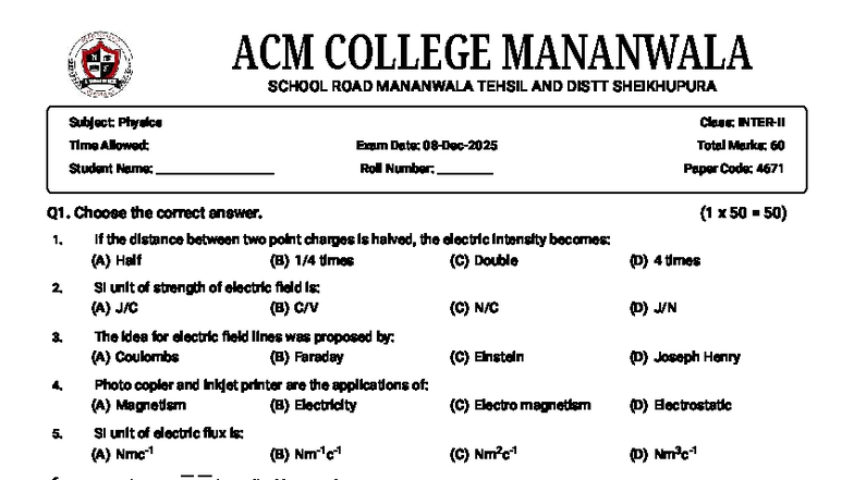 Physics MCQs Paper Code: 4671 - Exam Preparation Notes - Studocu