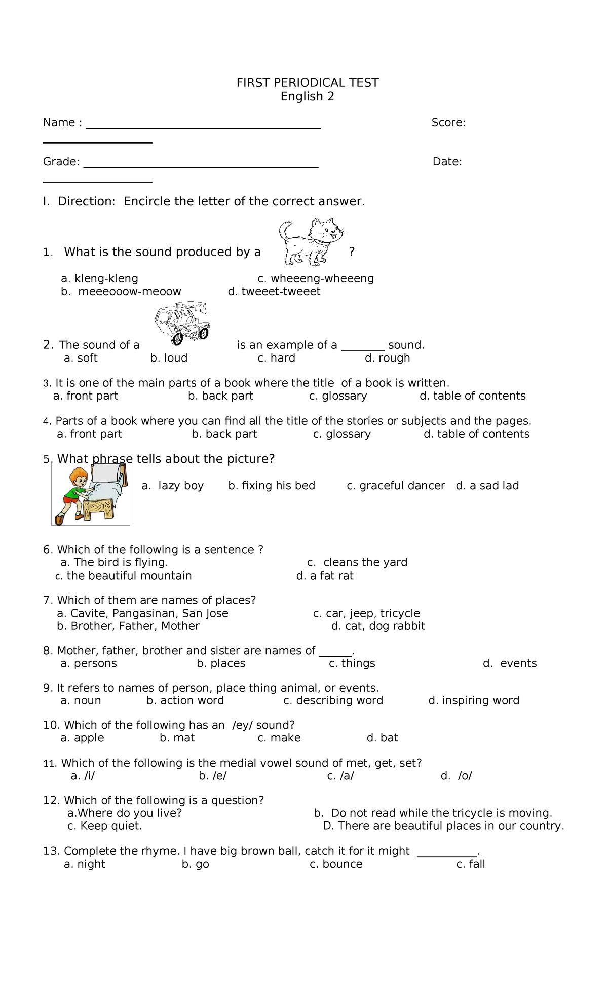 1st Periodical Test (1st-PT) English 2 - Quiz Questions - Studocu