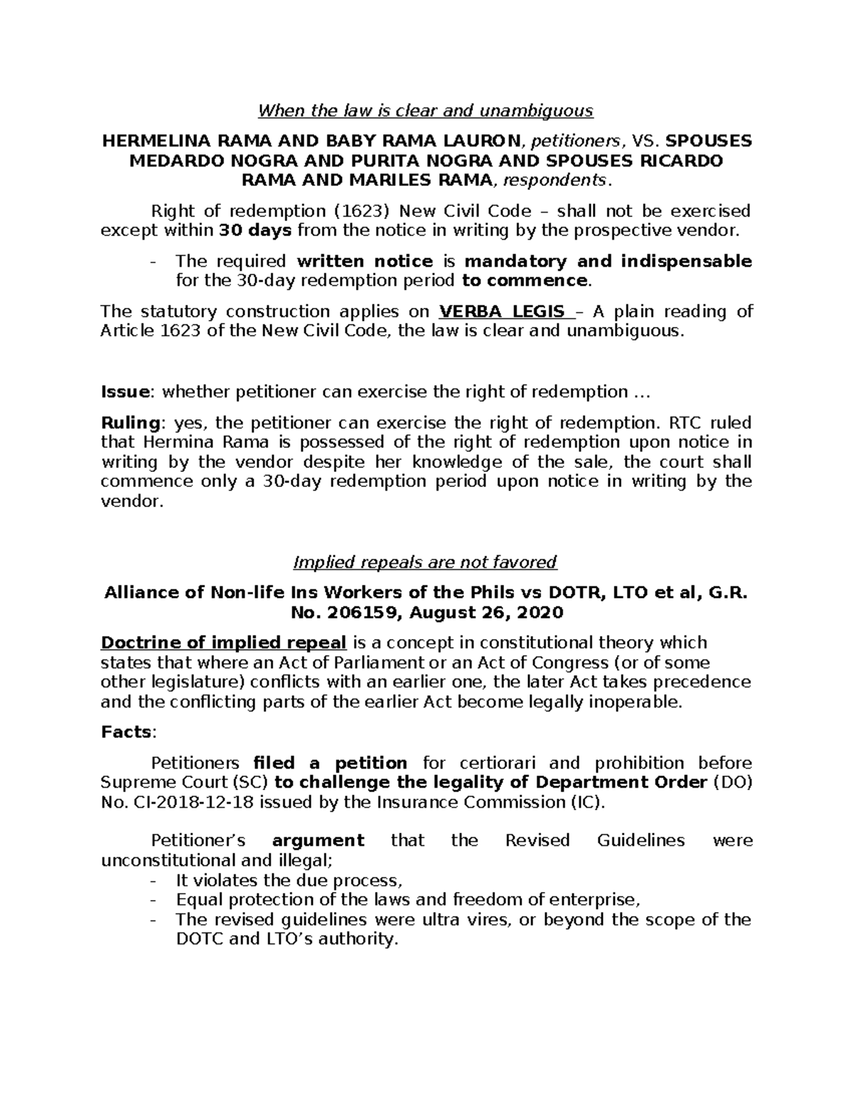 Legal Case Analysis: Right of Redemption (1623) & Implied Repeal ...