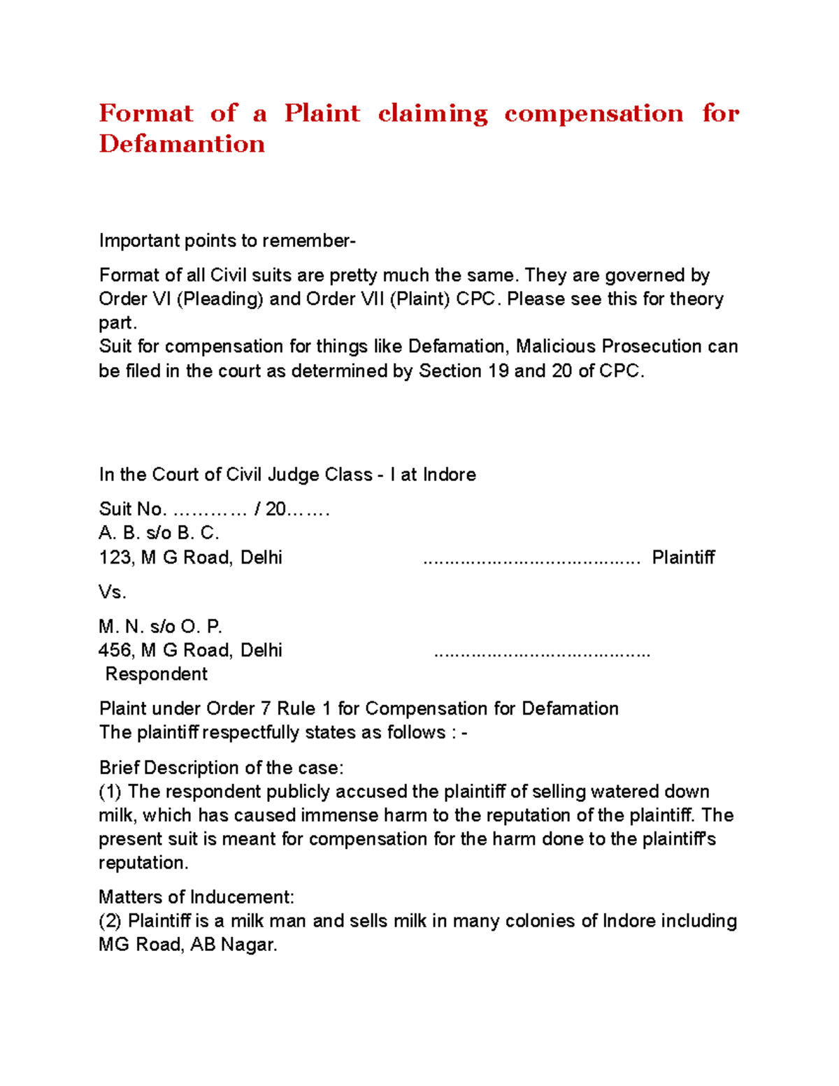 Format of Plaint for Compensation in Defamation Case (CPC) - Studocu
