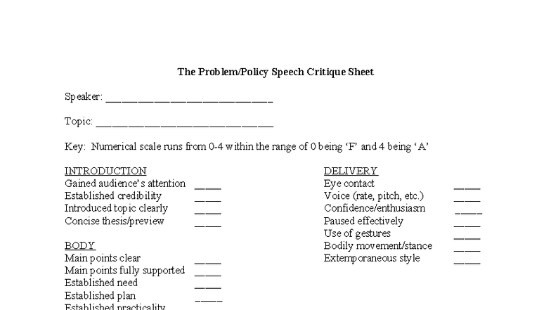 Prob Policy Critique Sheet: Speaker Evaluation Guide - Studocu