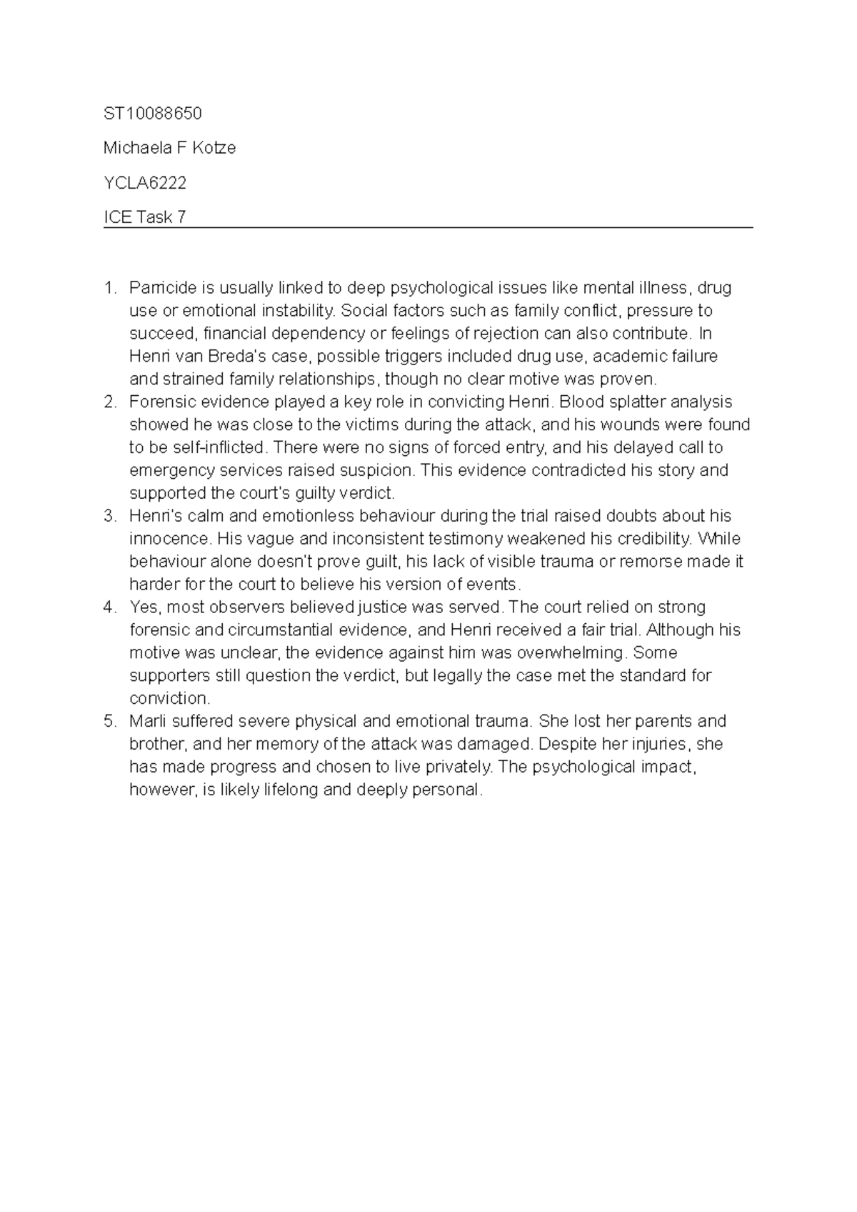 YCLA6222 ICE Task: Analysis of Parricide Case and Forensic Evidence ...