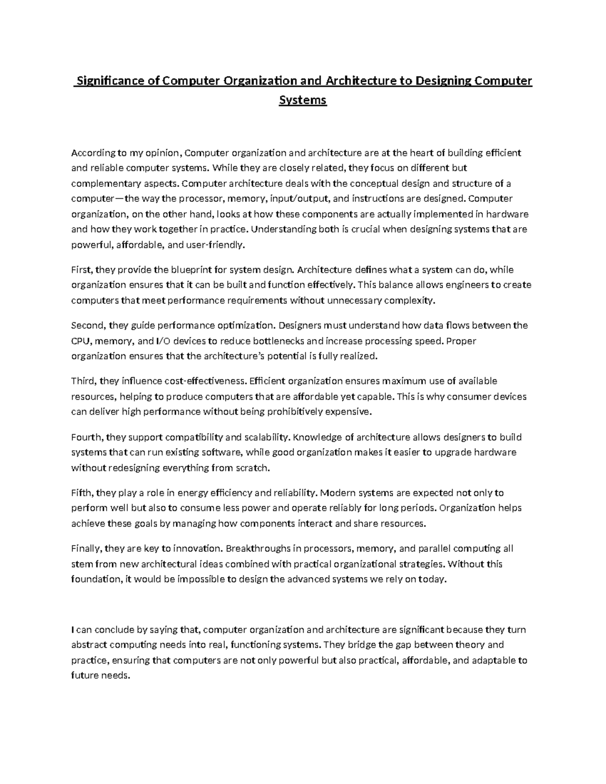 Significance of Computer Org & Arch in System Design (CS101) - Studocu