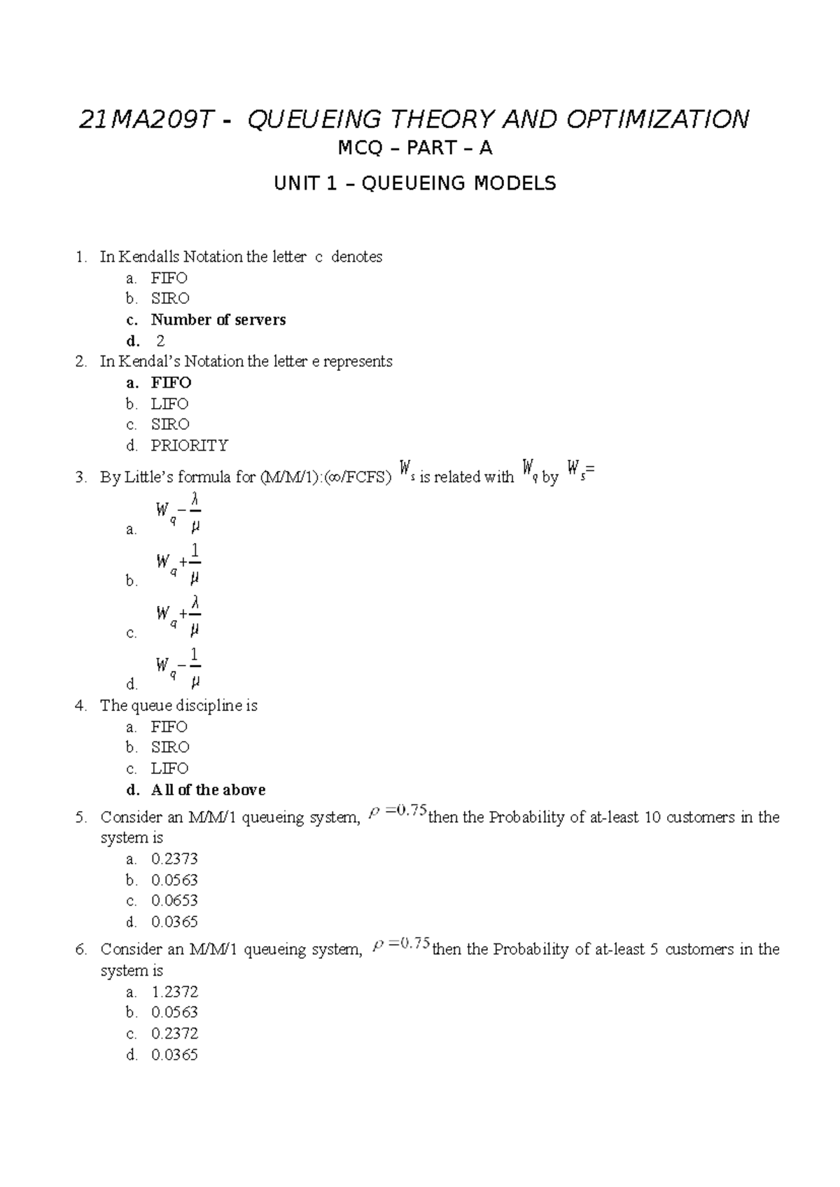 21MA209T QUEUEING THEORY & OPTIMIZATION MCQ UNIT 1 & 2 - Studocu
