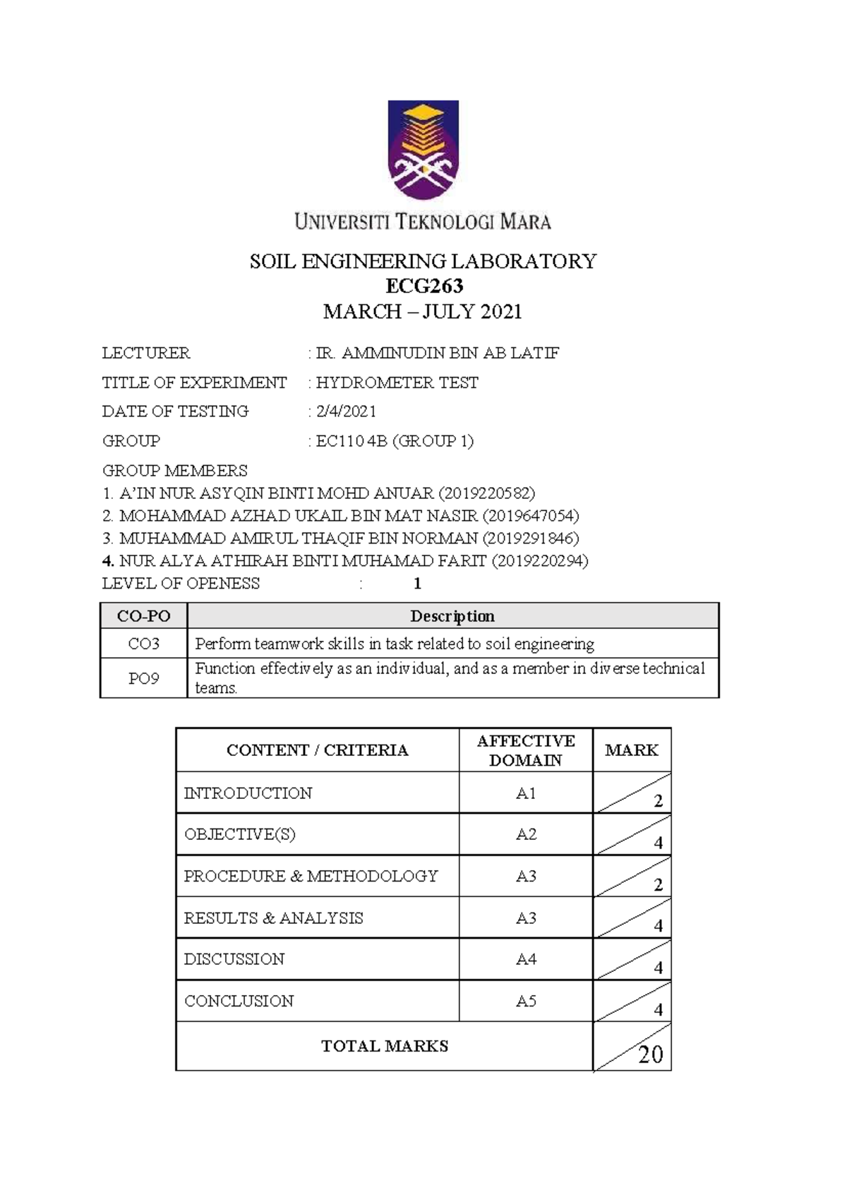 LAB Report - Hydrometer TEST ( Group 1) - EC110 4B - Civil Engineering ...