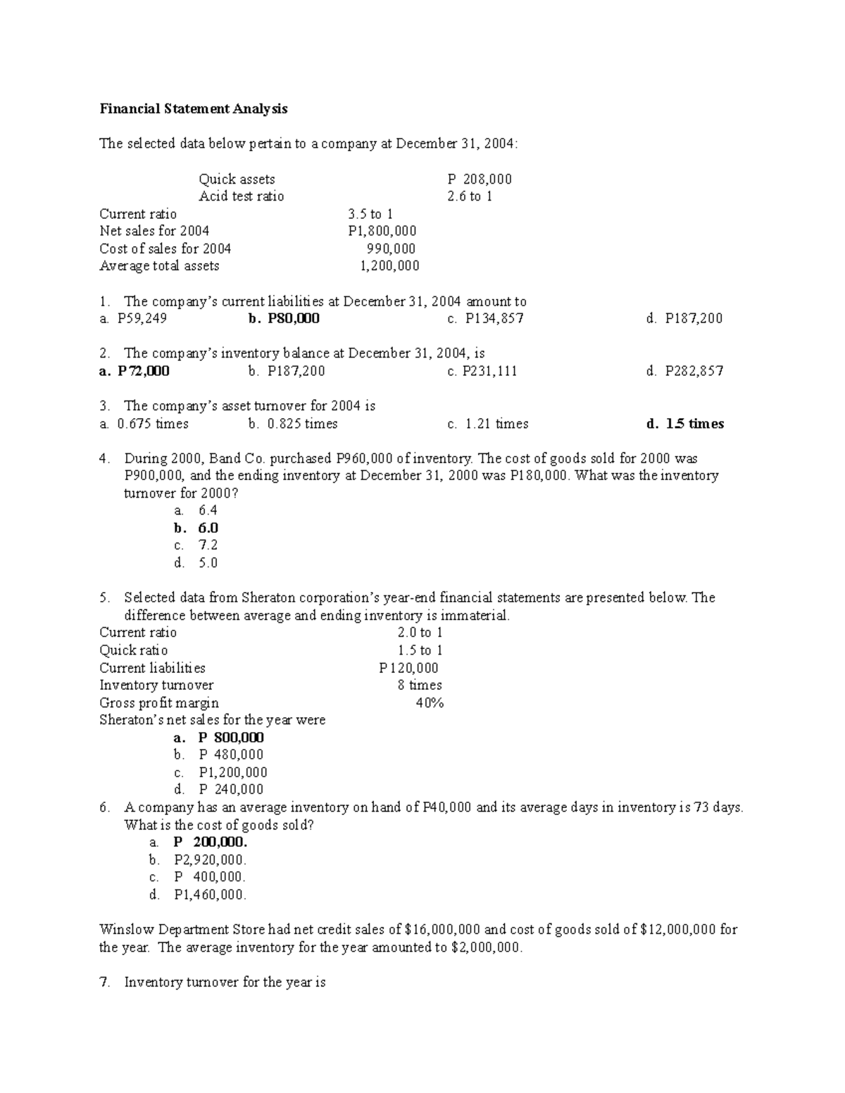 Financial Statement Analysis Problems: Sample Questions & Solutions ...