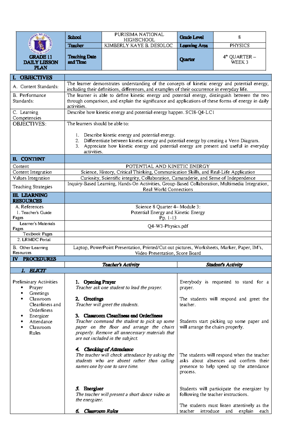 GRADE 11 PHYSICS Daily Lesson Plan: Kinetic & Potential Energy - Studocu