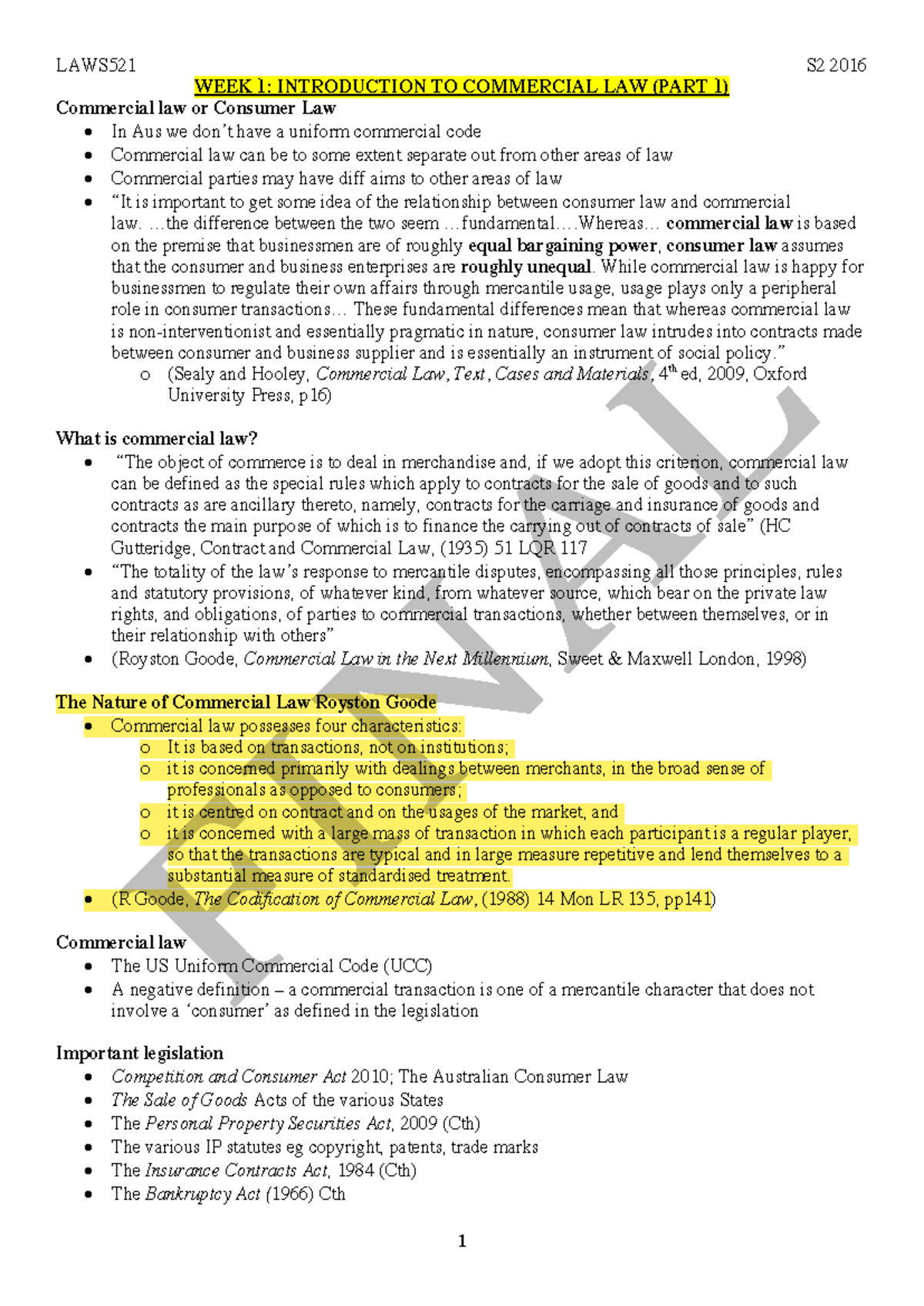 LAWS521 S2 2016 WEEK 1: INTRO TO COMMERCIAL LAW (PART 1 & 2) - Studocu